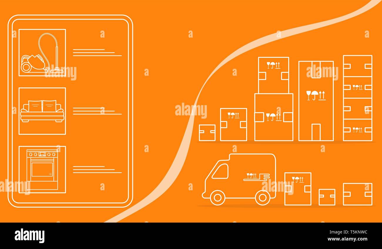 Vector illustration with order goods online. Warehouse, delivery. Cargo ...