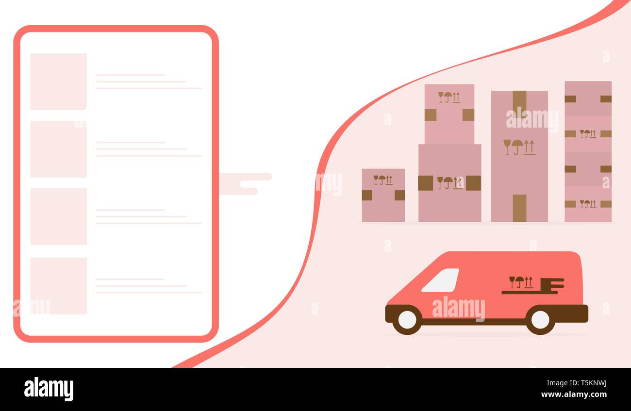 Vector illustration with order goods online. Warehouse, delivery. Cargo ...