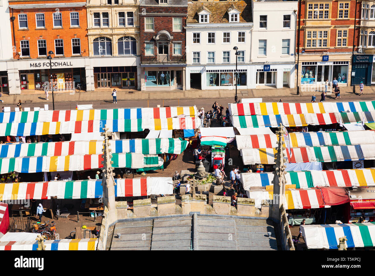 The city centre Market Hill place full of colourful stalls. As seen ...