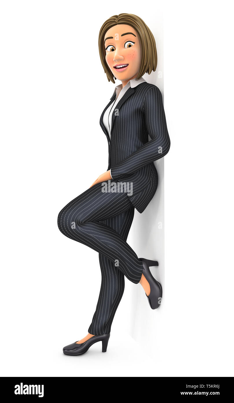3d business woman leaning against the wall, illustration with isolated ...