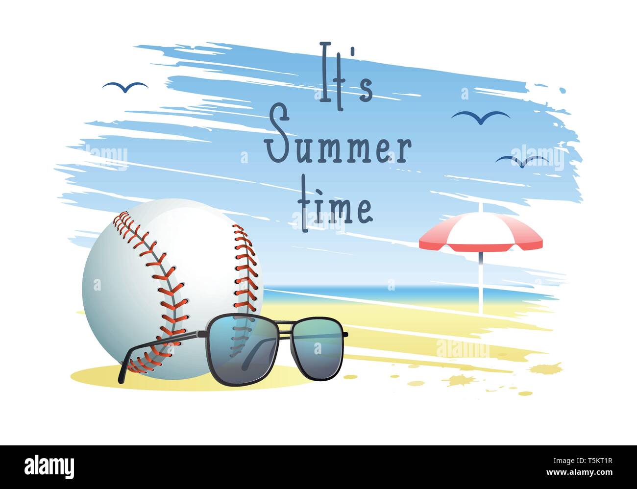 It's Summer Time. Sports card. Baseball ball with sunglasses and beach ...