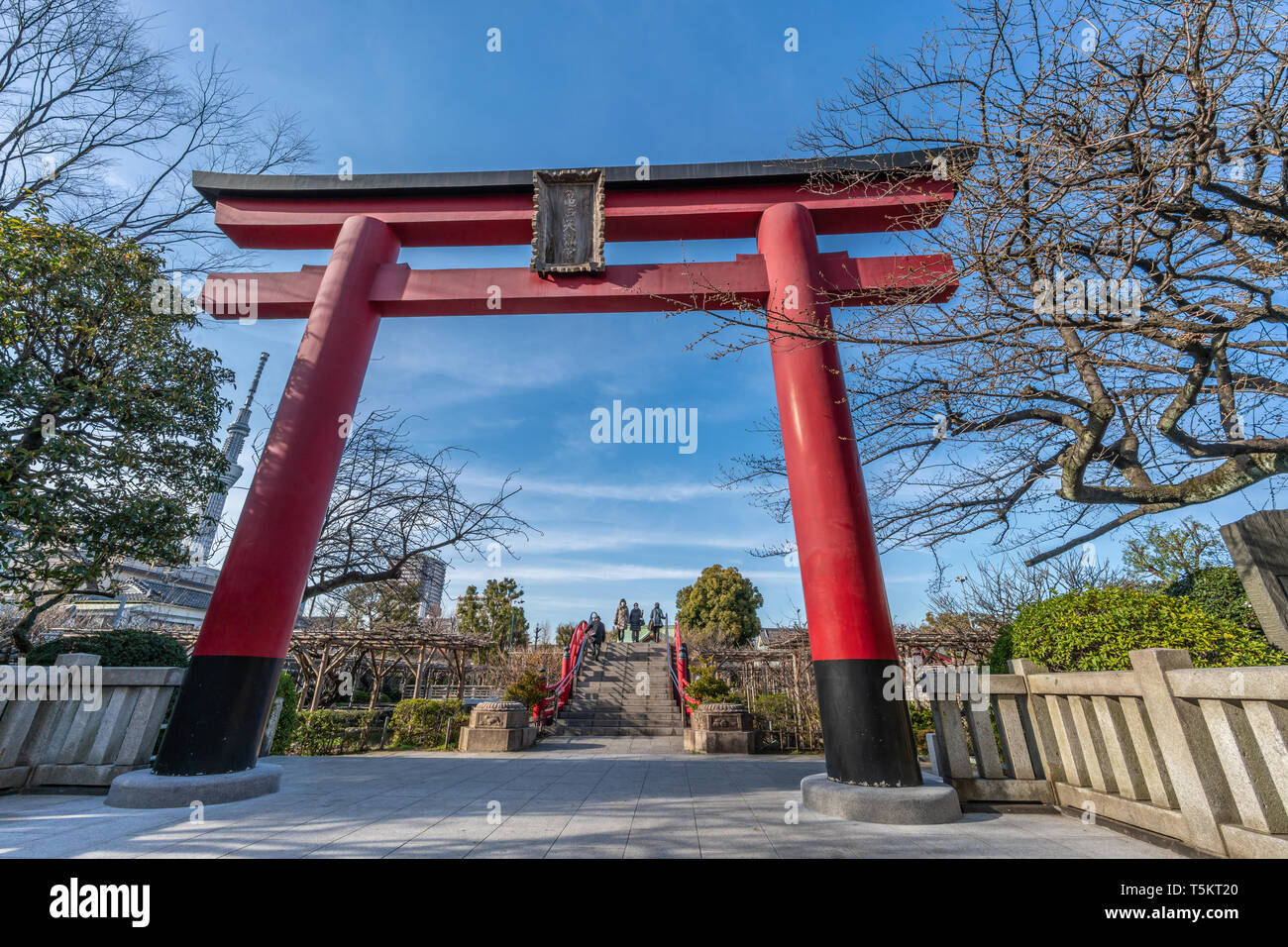 Red torii gates at Kameido Tenjin-sha Shinto Tenman-gu Shrine. Built in ...
