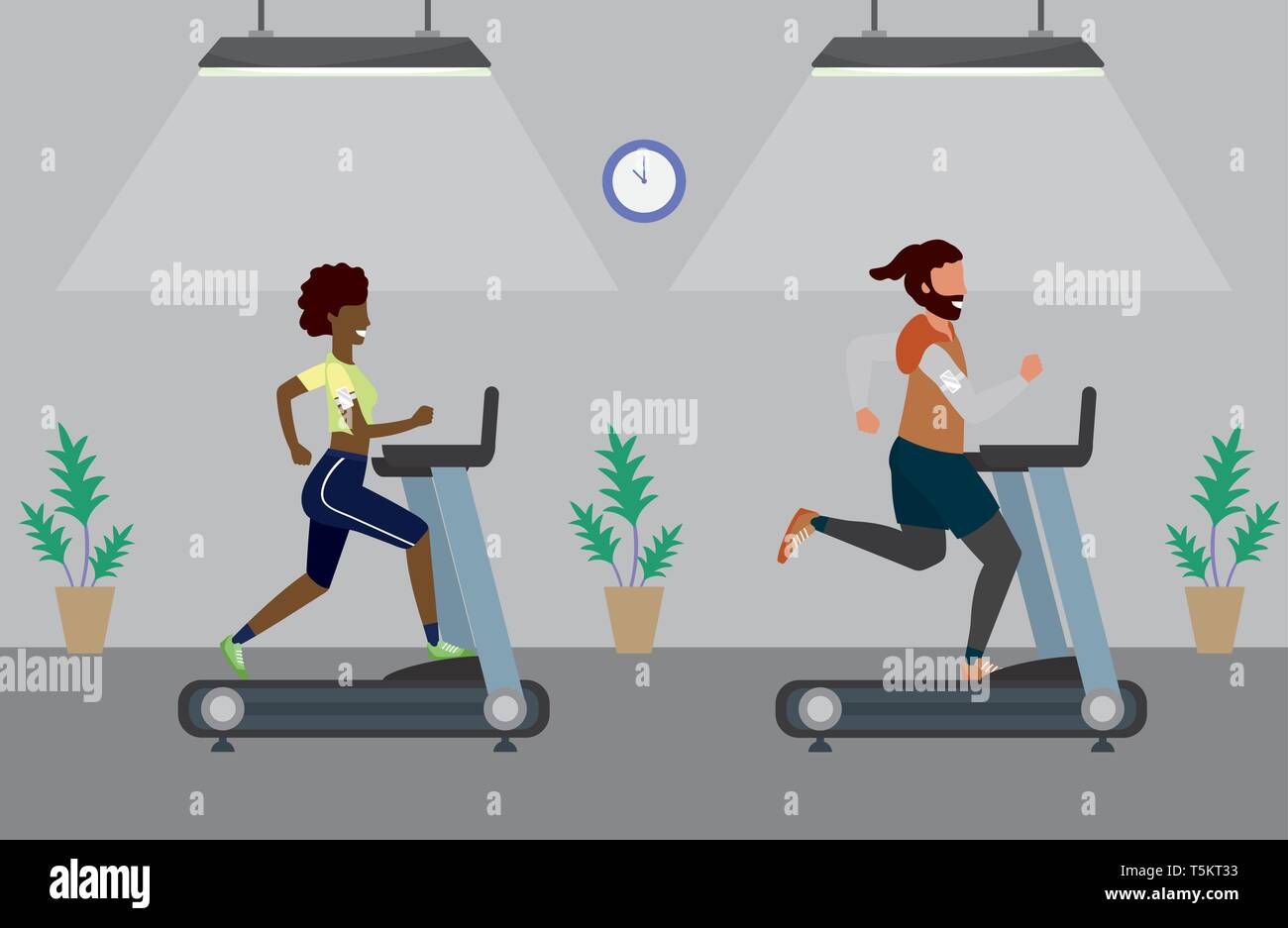 fitness exercise couple running over treadmill workout healthy fit ...