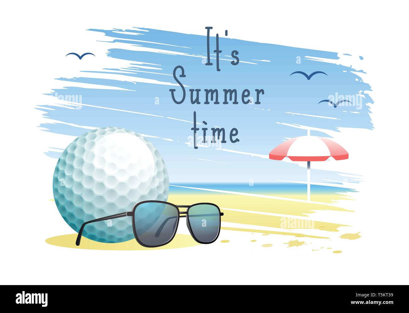 It's Summer Time. Sports card. Golf ball with sunglasses and beach ...
