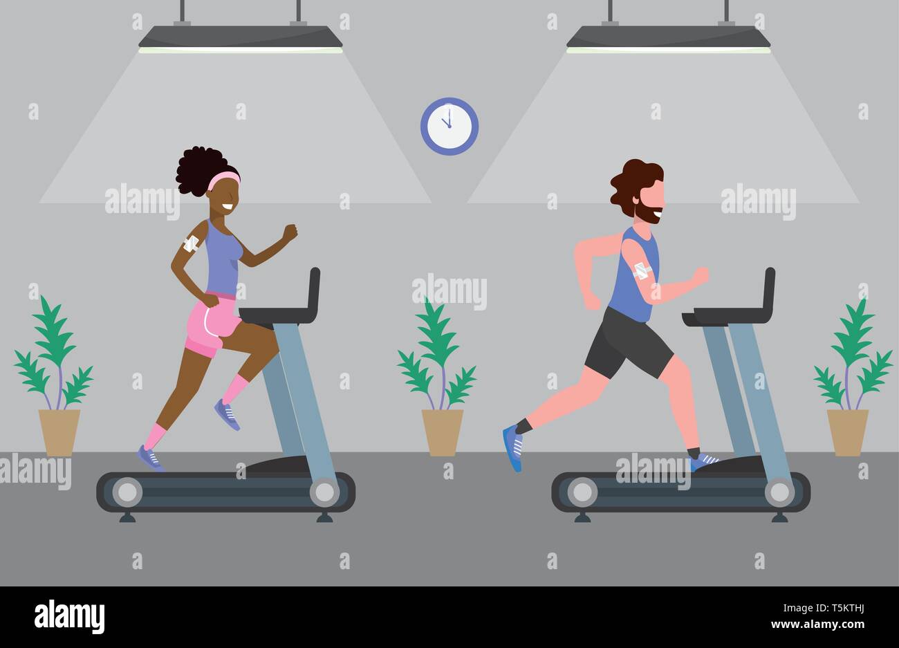 fitness exercise couple running over treadmill workout healthy fit ...