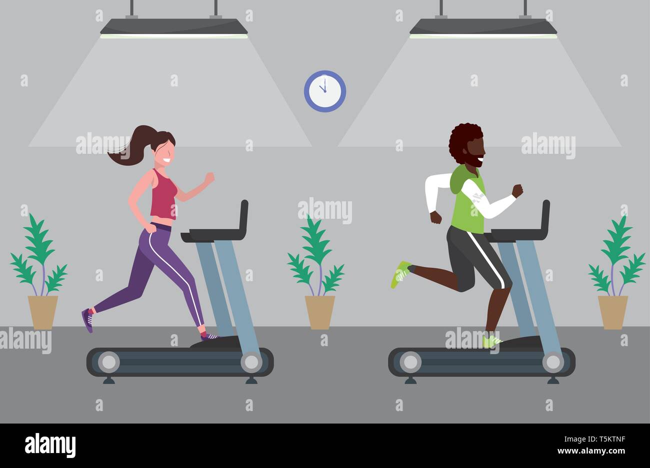 fitness exercise couple running over treadmill workout healthy fit ...
