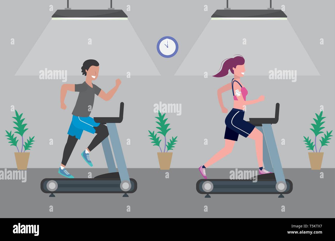 fitness exercise couple running over treadmill workout healthy fit ...