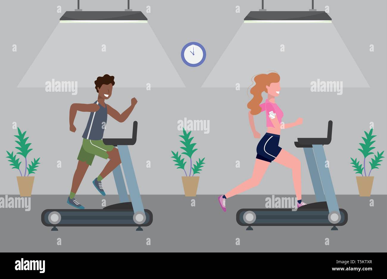 fitness exercise couple running over treadmill workout healthy fit ...