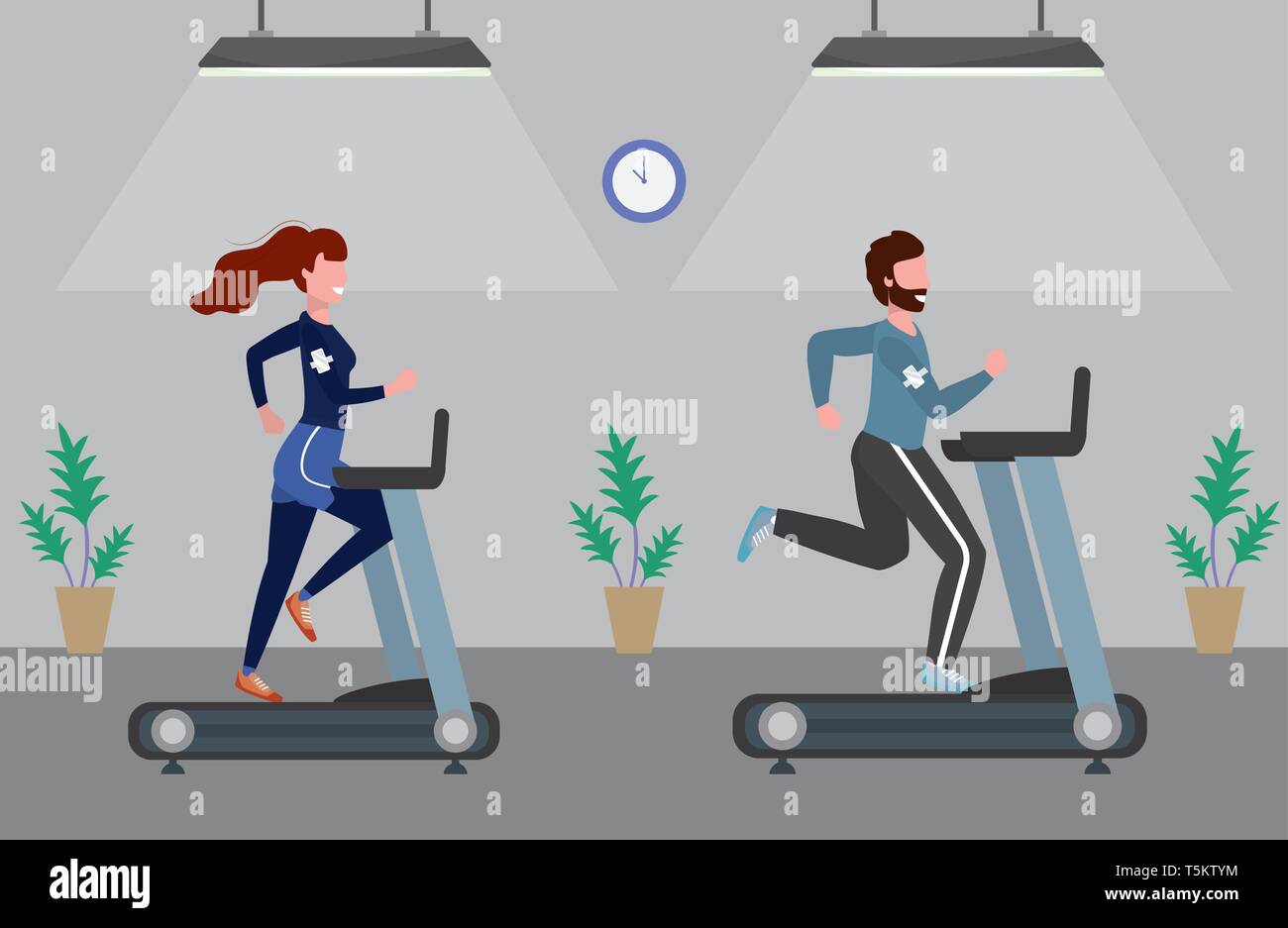 fitness exercise couple running over treadmill workout healthy fit ...