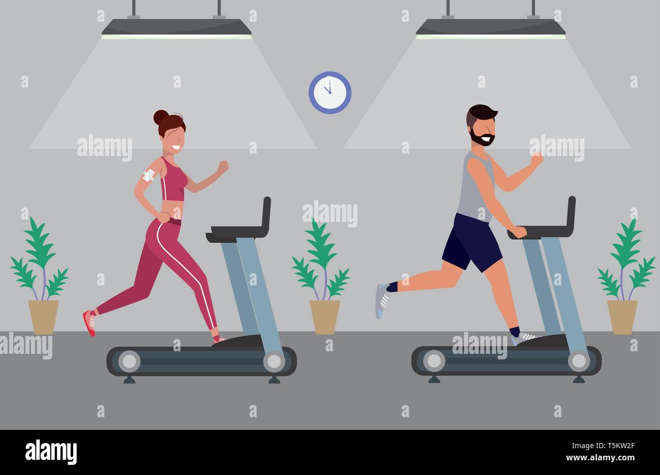fitness exercise couple running over treadmill workout healthy fit ...