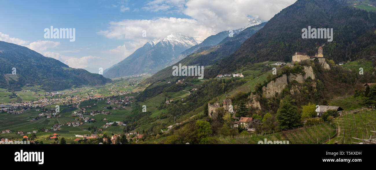 View on Tyrol Castle with Castle Brunnenburg inside Valley and Alps of ...