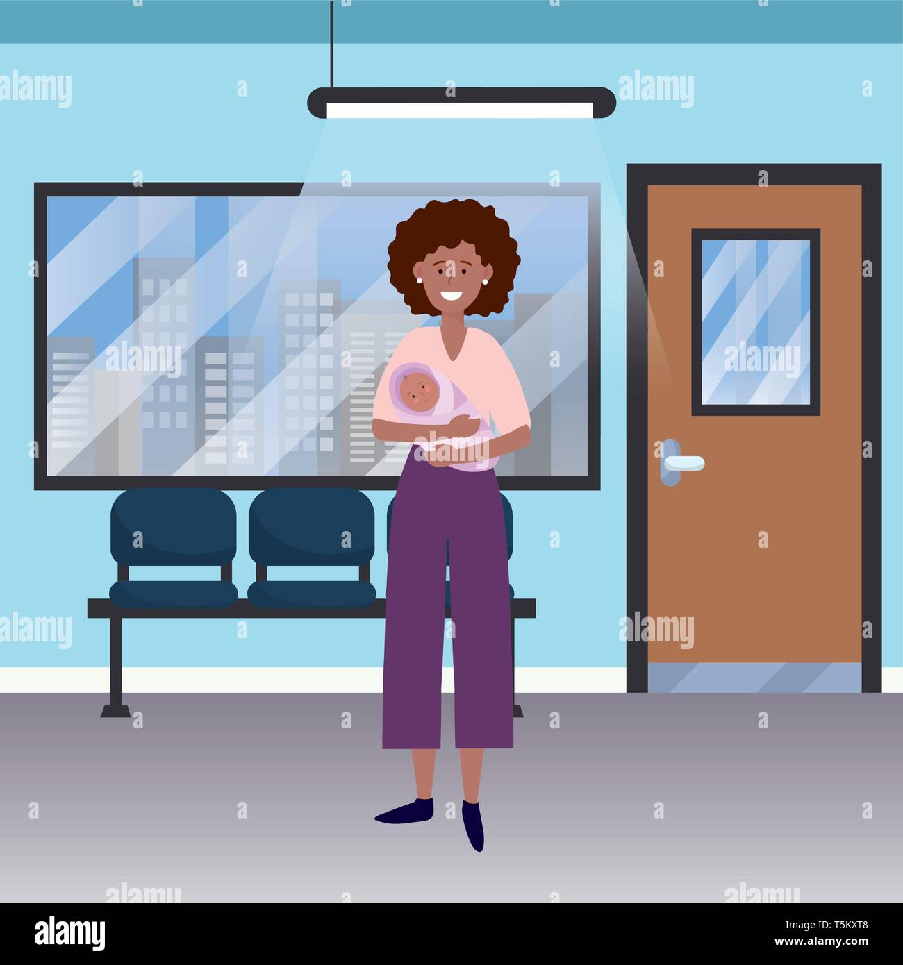 family baby care mom woman with baby at medical hospital room cartoon ...