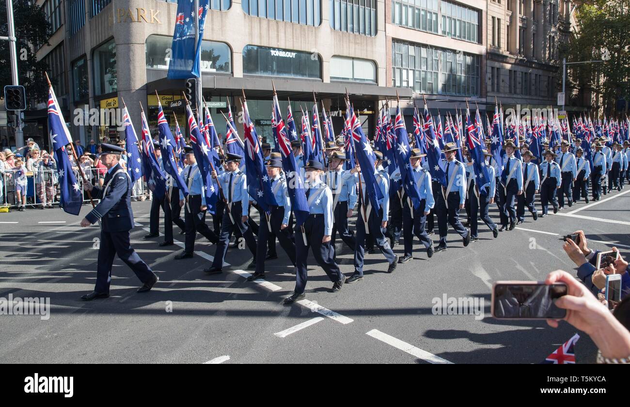 Sydney, Australia. 25th Apr, 2019. Attendees march in the street during ...