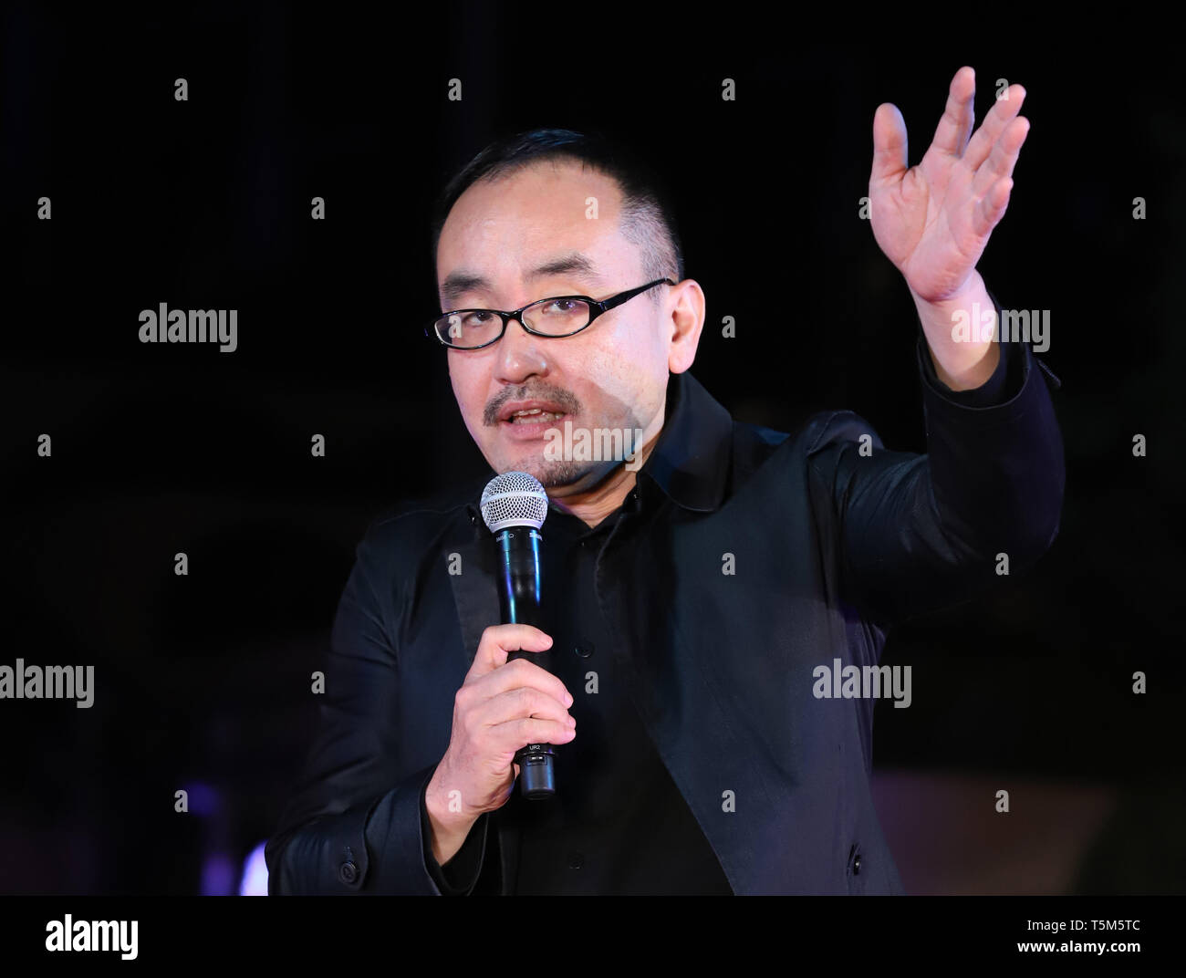 Tokyo, Japan. 25th Apr, 2019. Japanese artist Kenji Yanobe speaks after ...