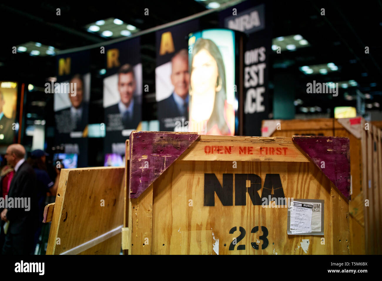 A wooden crate is marked NRA at the NRA convention. Vendors prepare ...