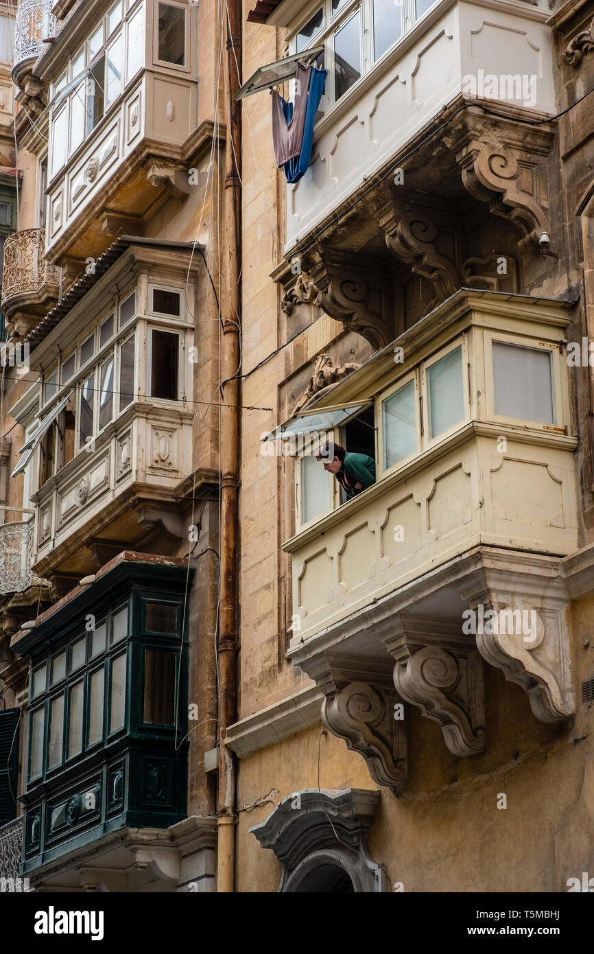 Typical Maltese style balconies in Valletta, Malta Stock Photo - Alamy