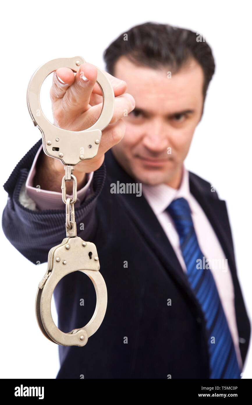 Confident detective with handcuffs on white background Stock Photo - Alamy