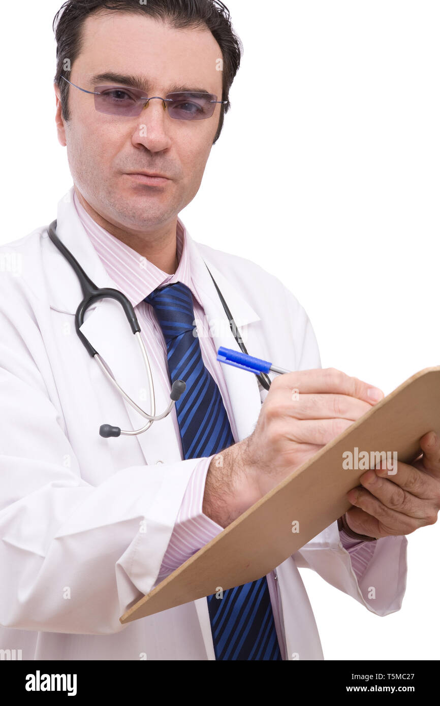 senior doctor taking notes on white background Stock Photo - Alamy