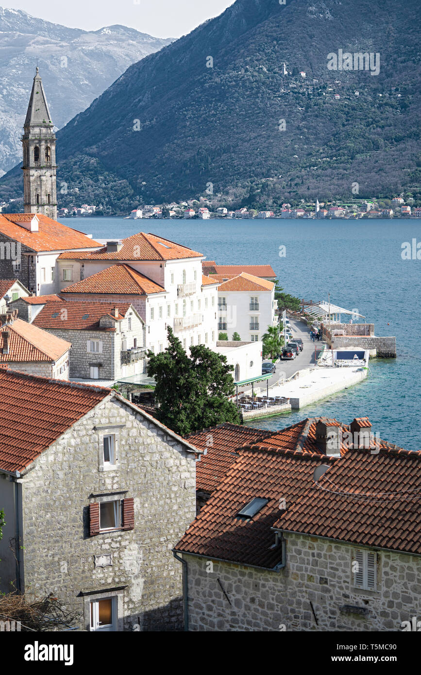 Scenic panorama view of the historic town of Perast, Kotor. Montenegro ...