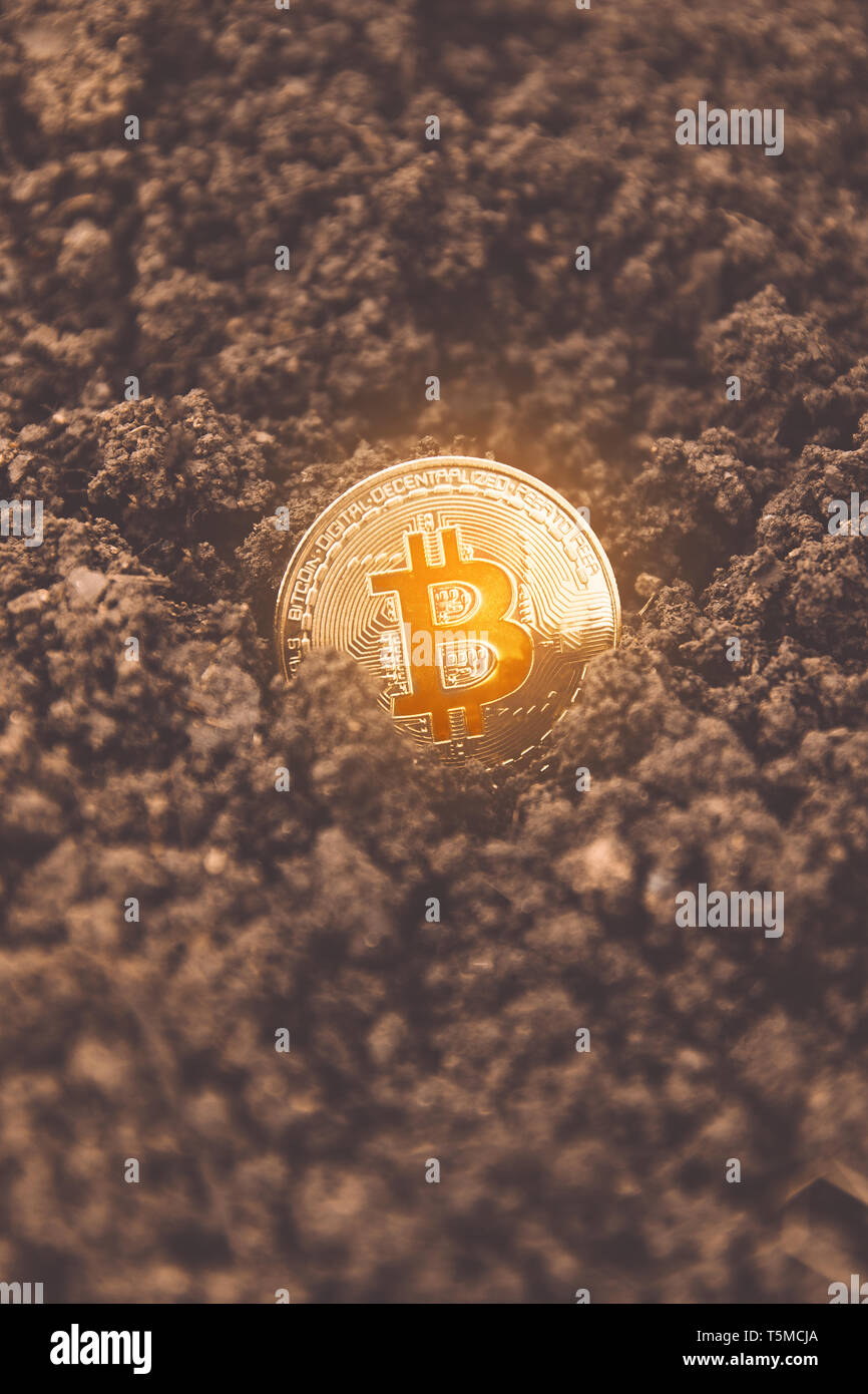 Gold coin in the ground. Cryptocurrency. Mining Stock Photo - Alamy