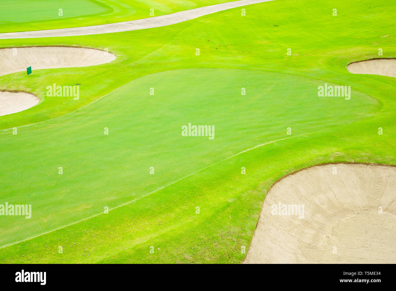 Top view golf court, beautiful Bunkers sand, putting green and green ...