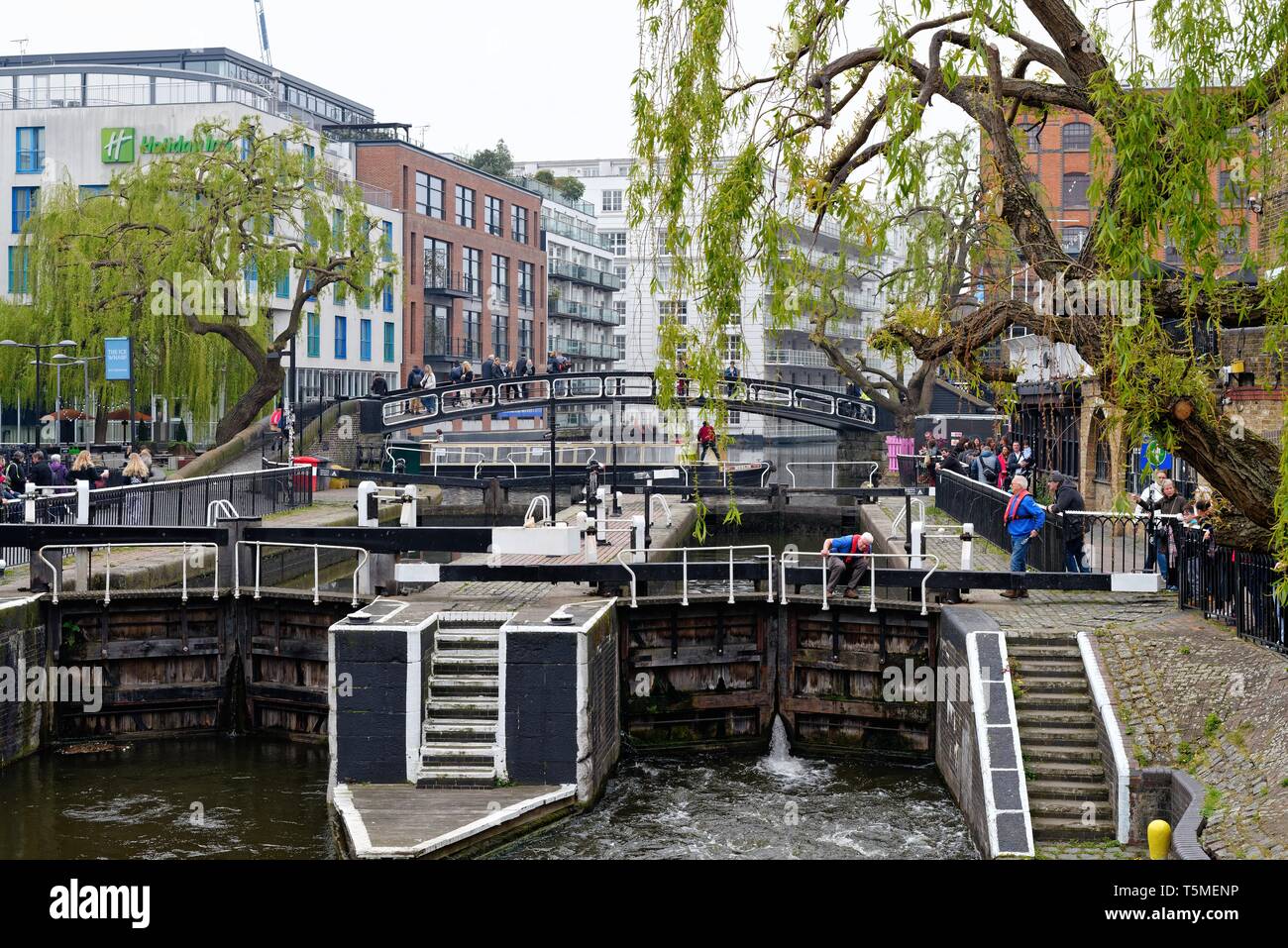 The canal locks on the Regents Canal at Camden Town market, North ...