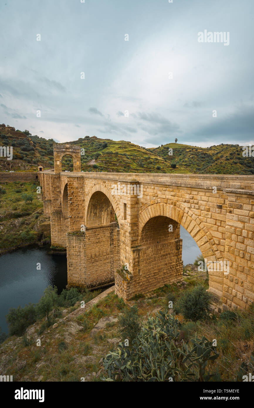 Roman bridge over the Tajo river in Alcantara, Caceres province ...