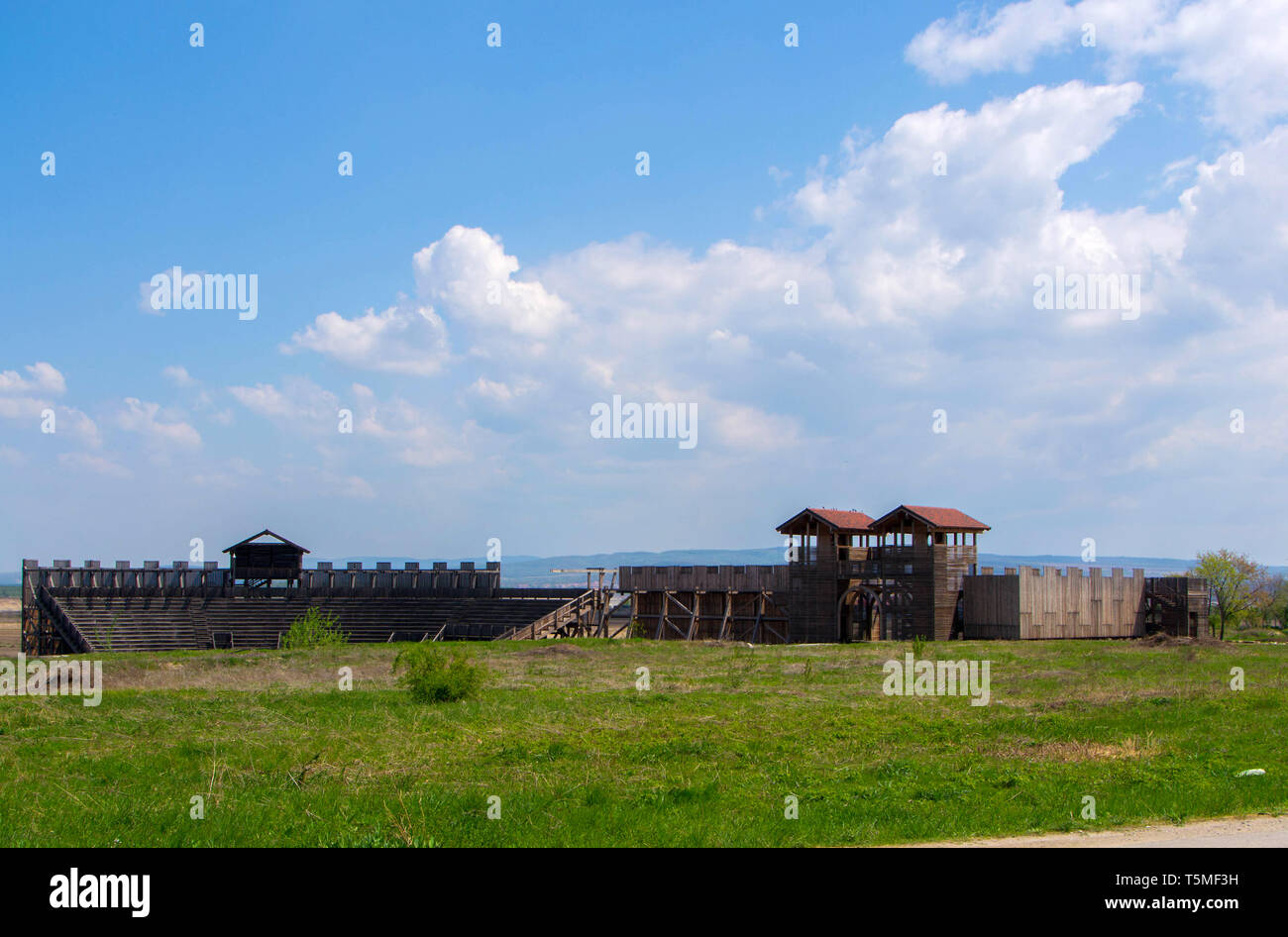 Reconstructed Roman amphitheater and the city gate of the Roman city of ...