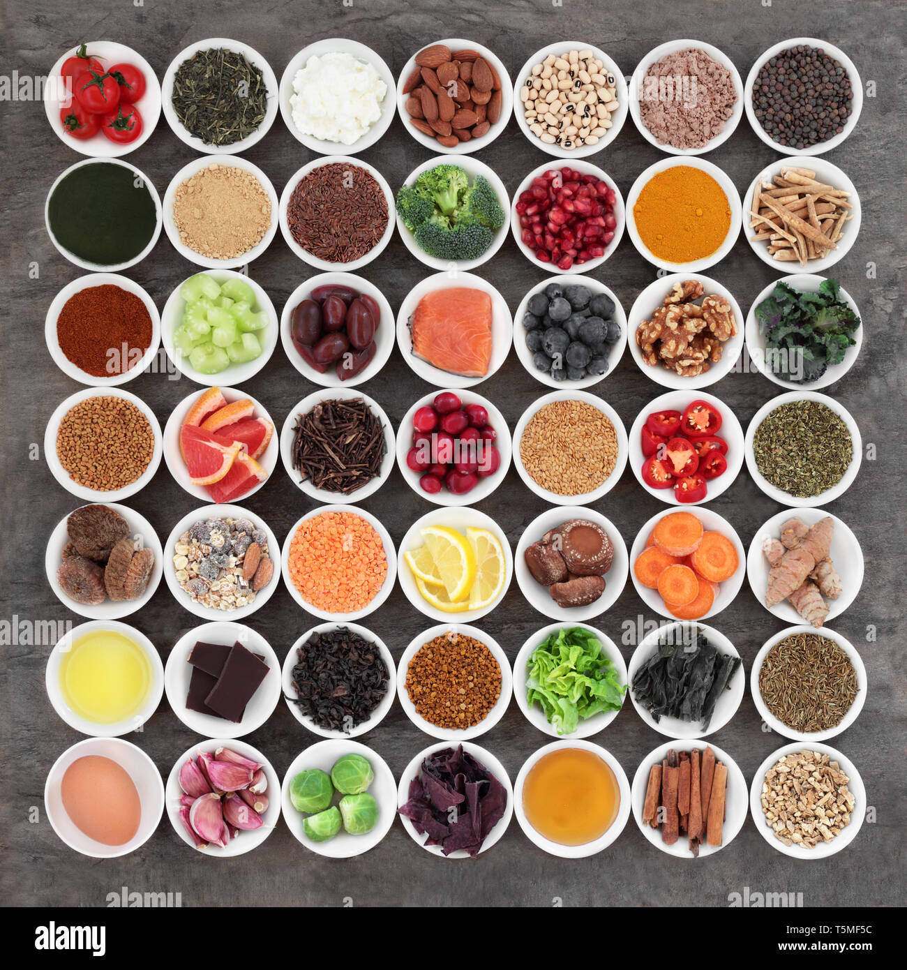 Health food selection to slow the ageing process including fish, fruit ...