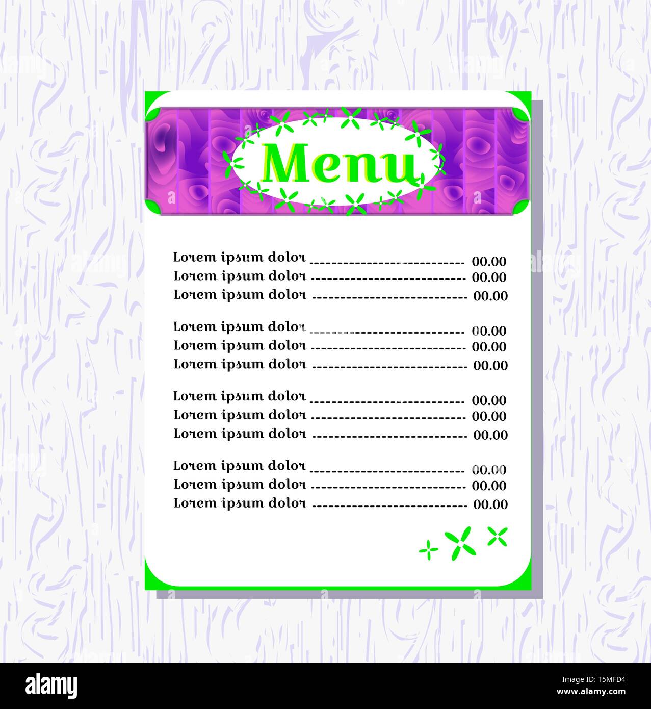 Concept menu for a cafe. Template for the menu page. Violet and bright ...