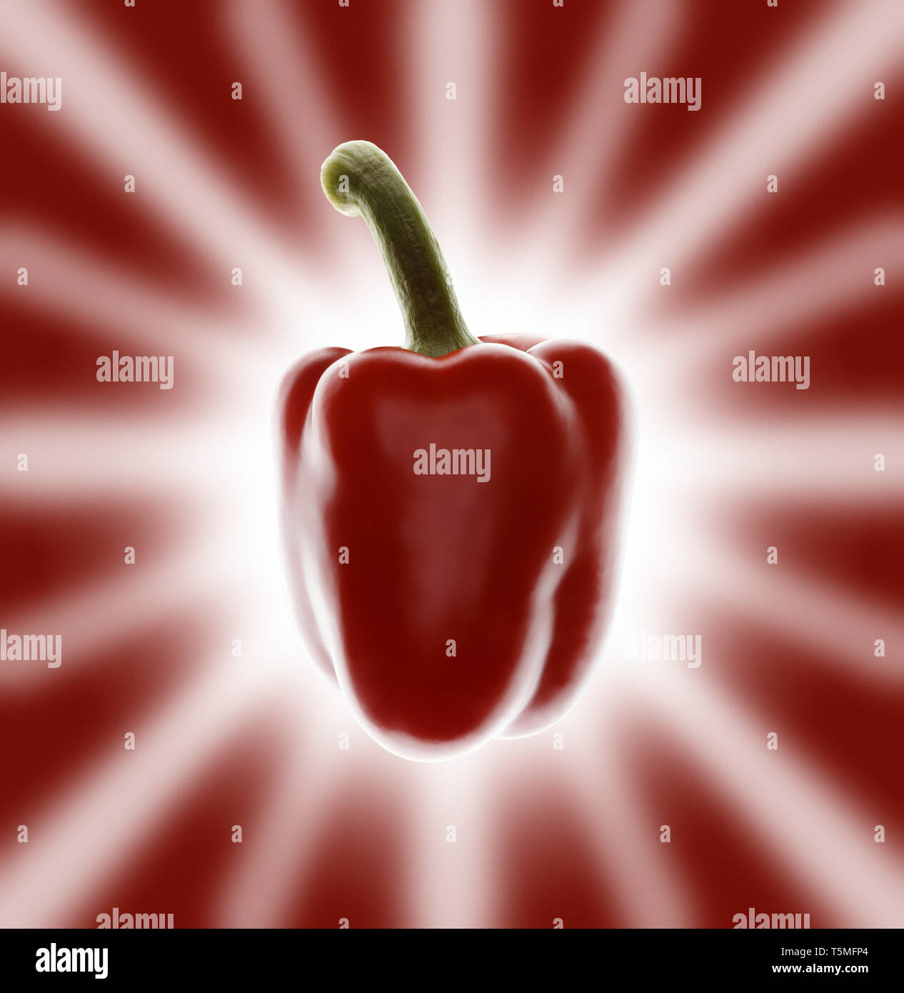 isolated red pepper on a textured red background with a star like halo ...