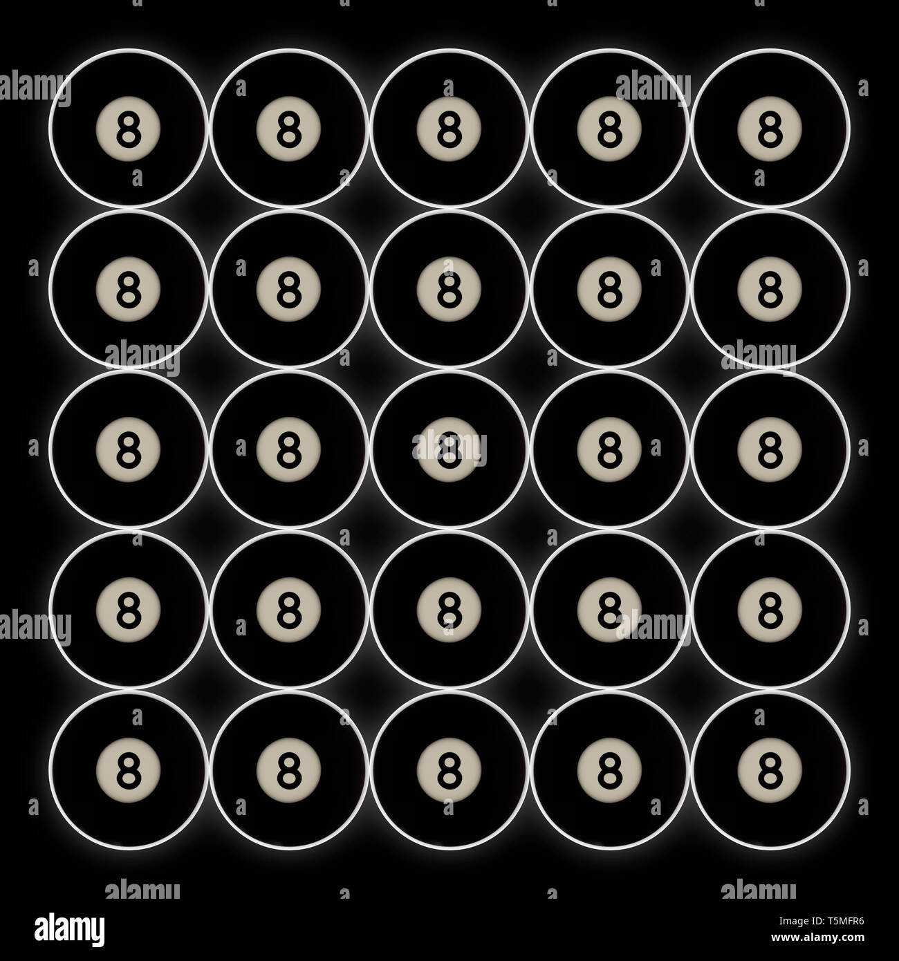grid of 20 black number 8 pool balls on a black background, with halo ...