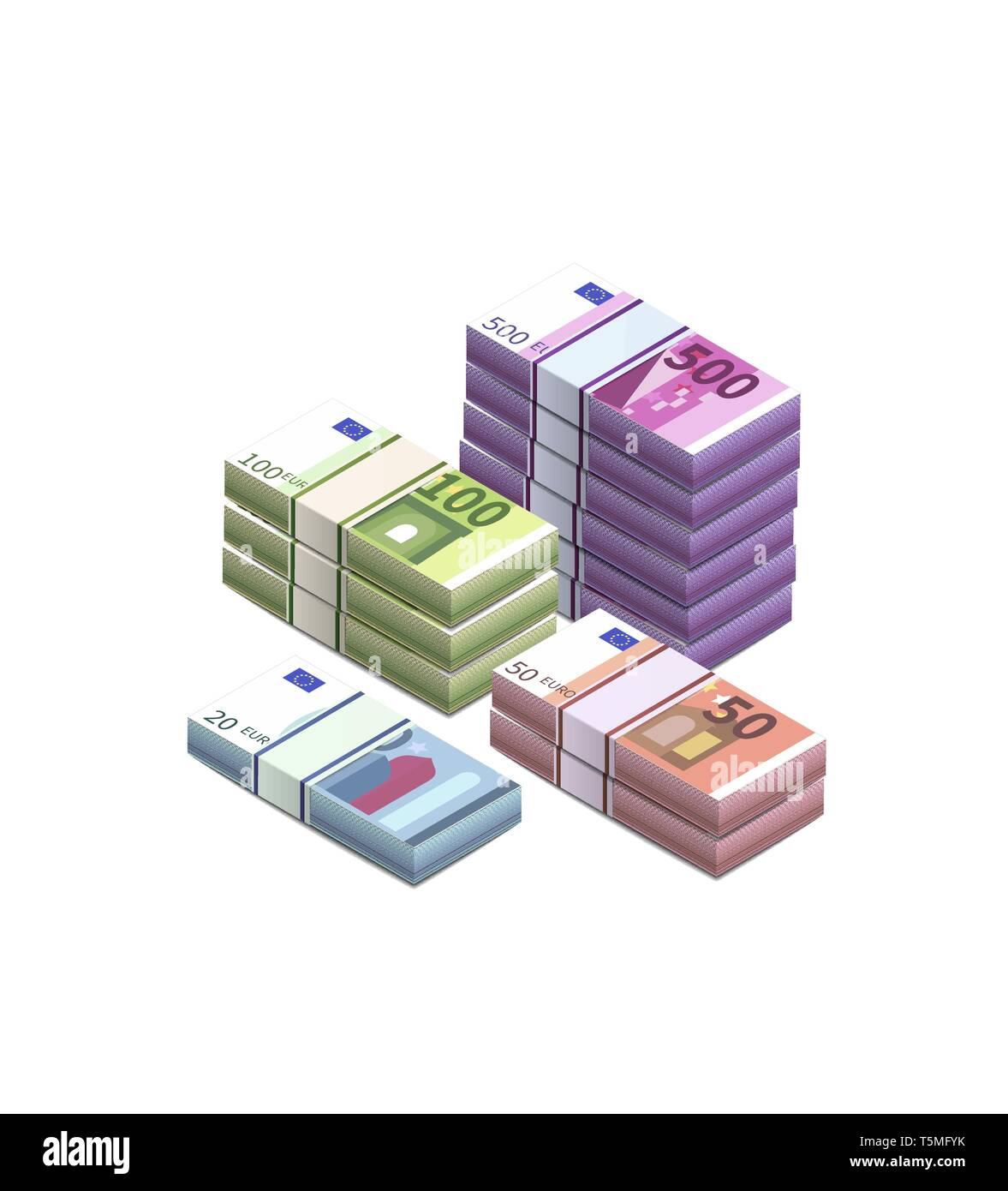 Large heap of different euro banknotes in stacks in isometric view ...