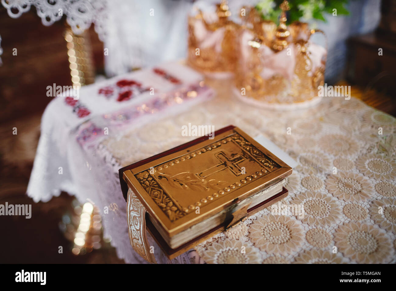 Bible on altar table. Faith and religion concept. Preaching background ...