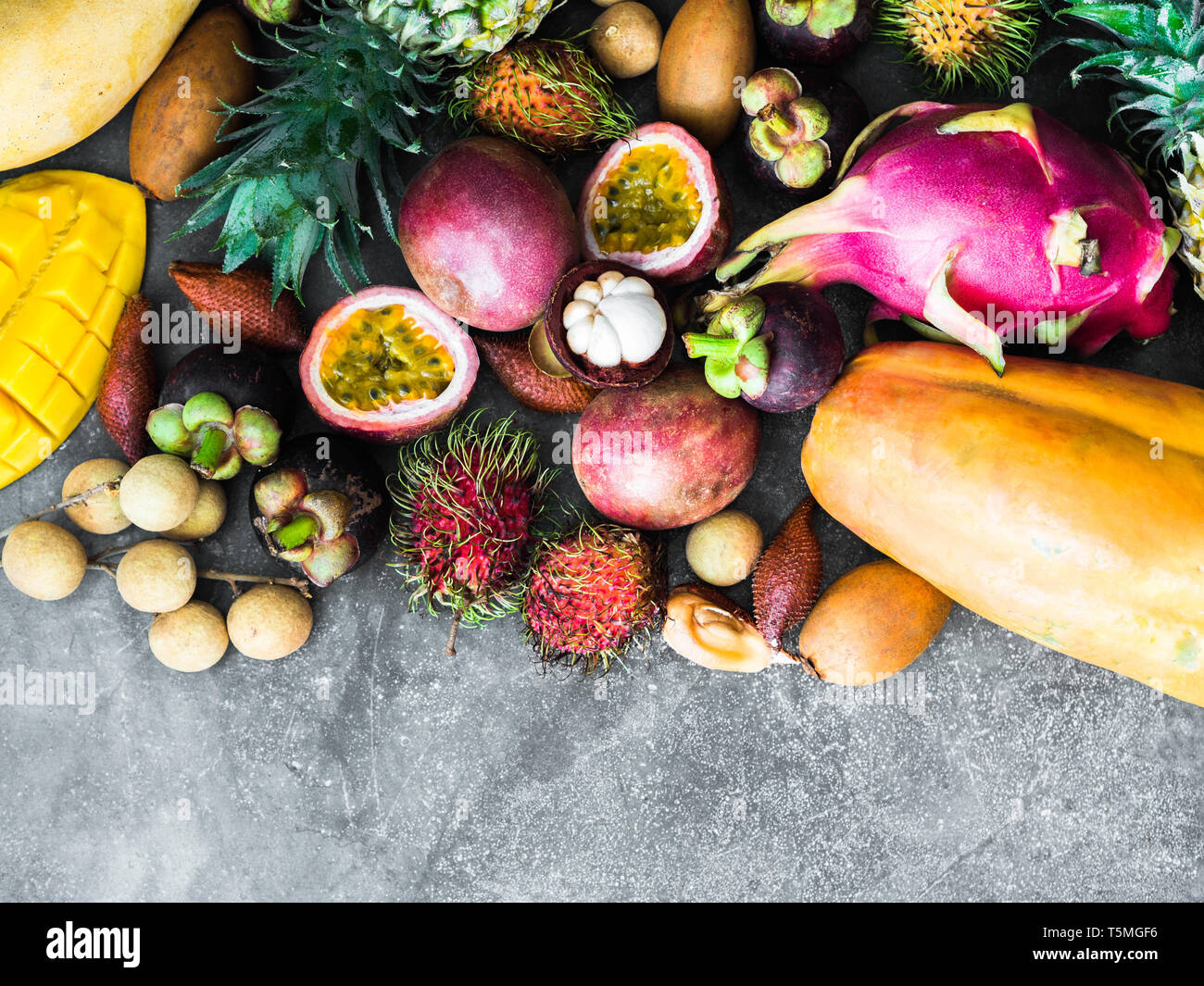 Various fresh Thai fruits - rambutan, mango, mangosteen, longan, papaya ...