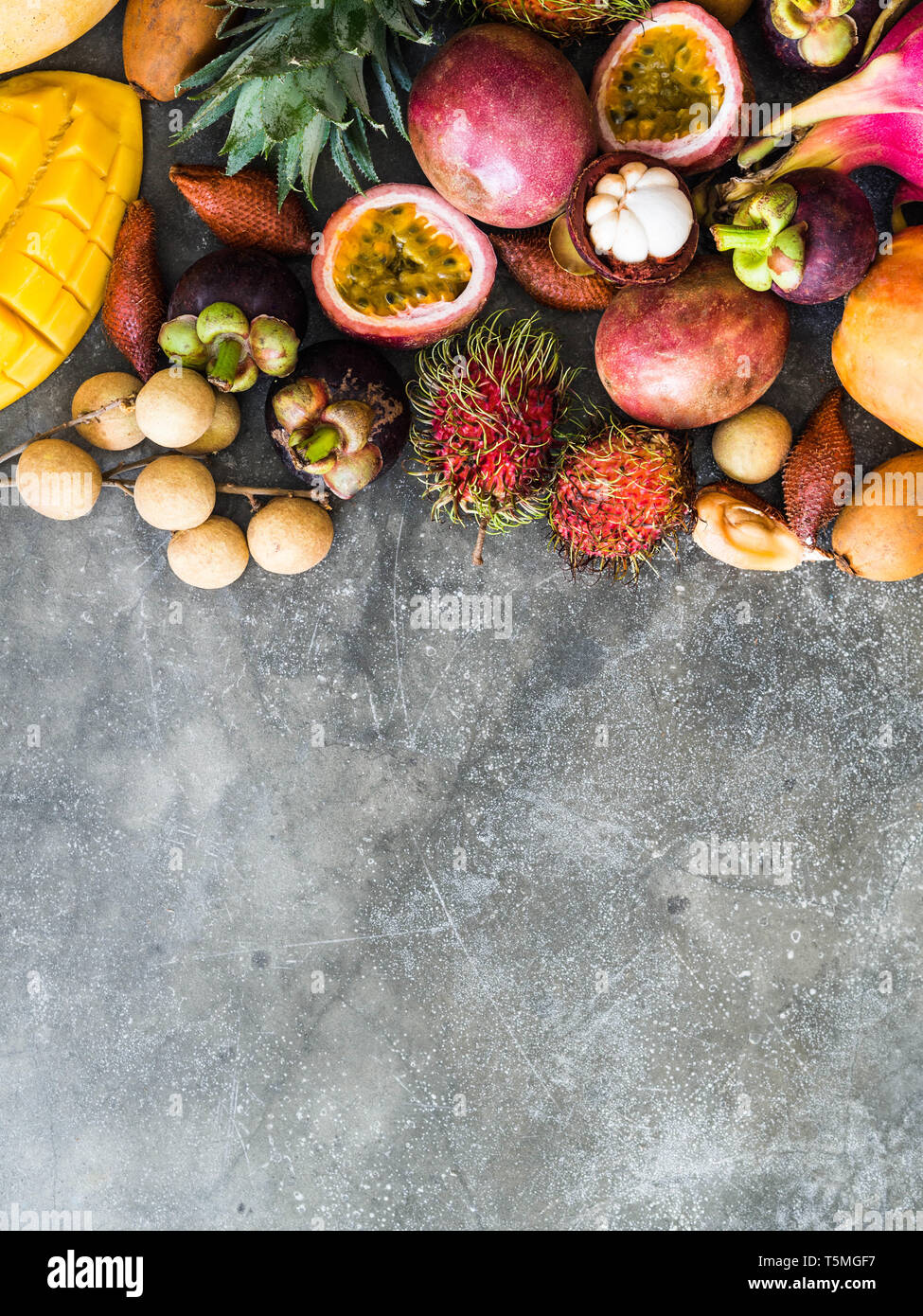 Various fresh Thai fruits - rambutan, mango, mangosteen, longan, papaya ...