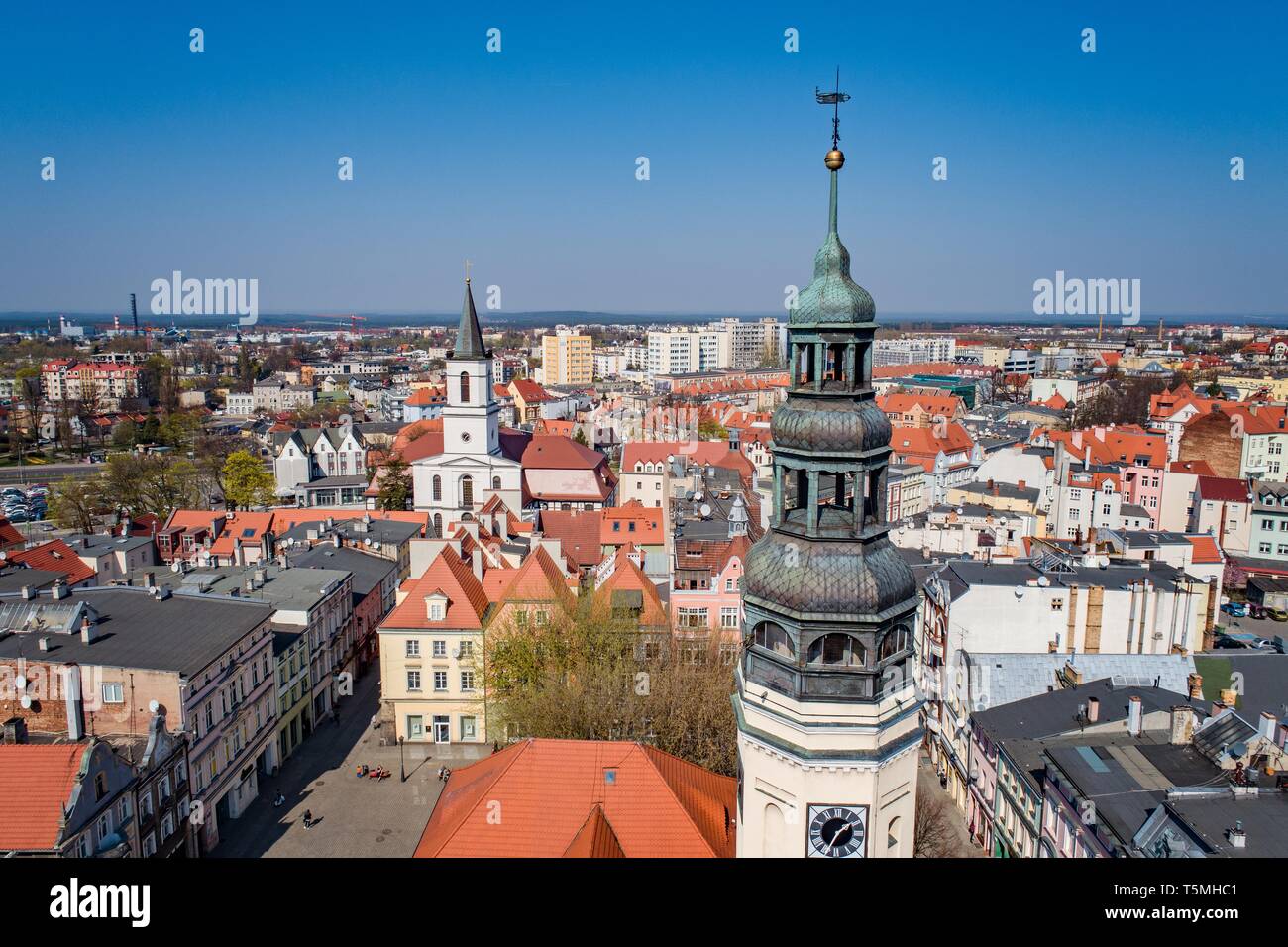 Aerial drone view on church tower in Zielona Gora. Zielona Gora is the ...