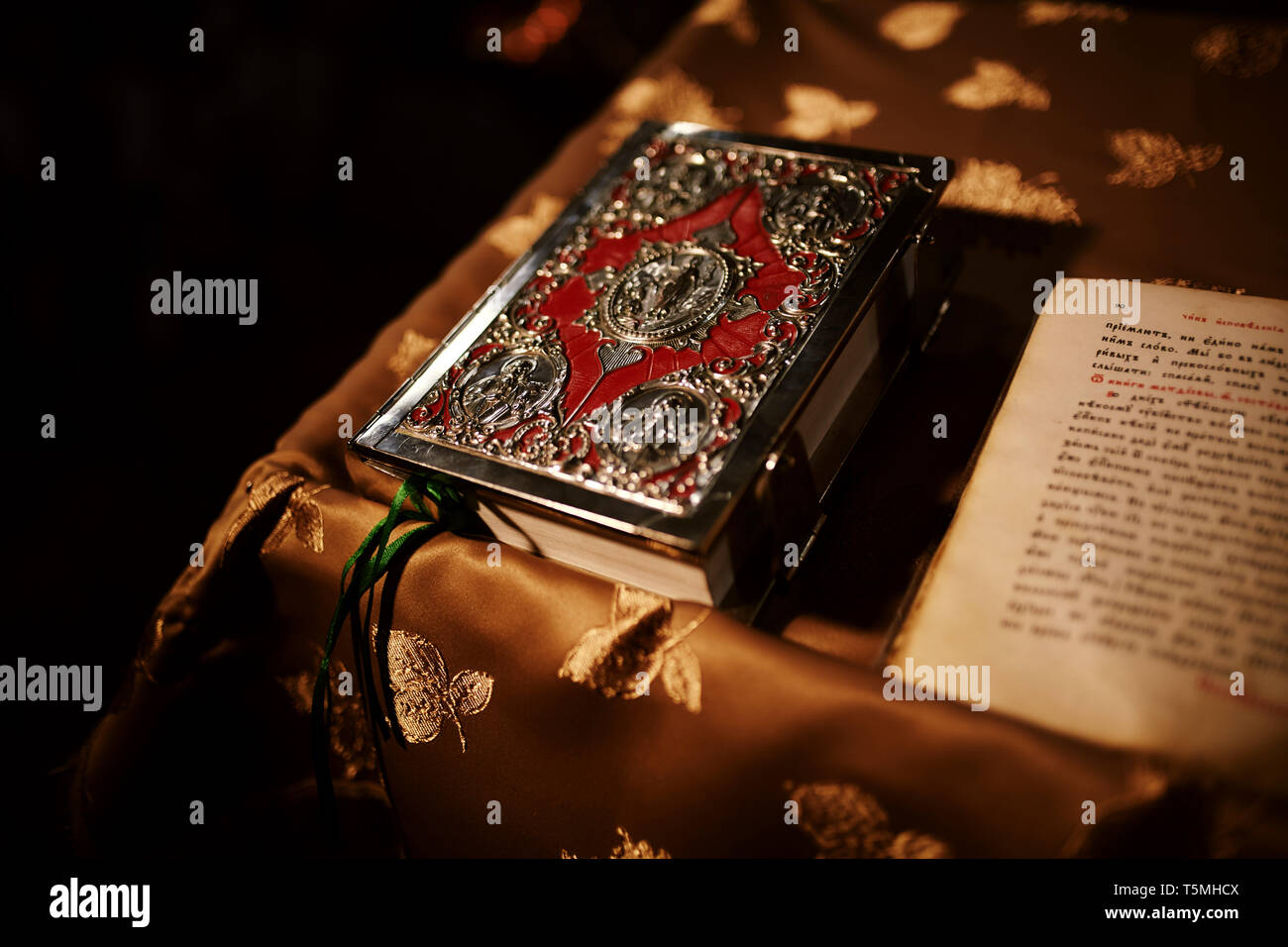 Bible on altar table. Faith and religion concept. Preaching background ...