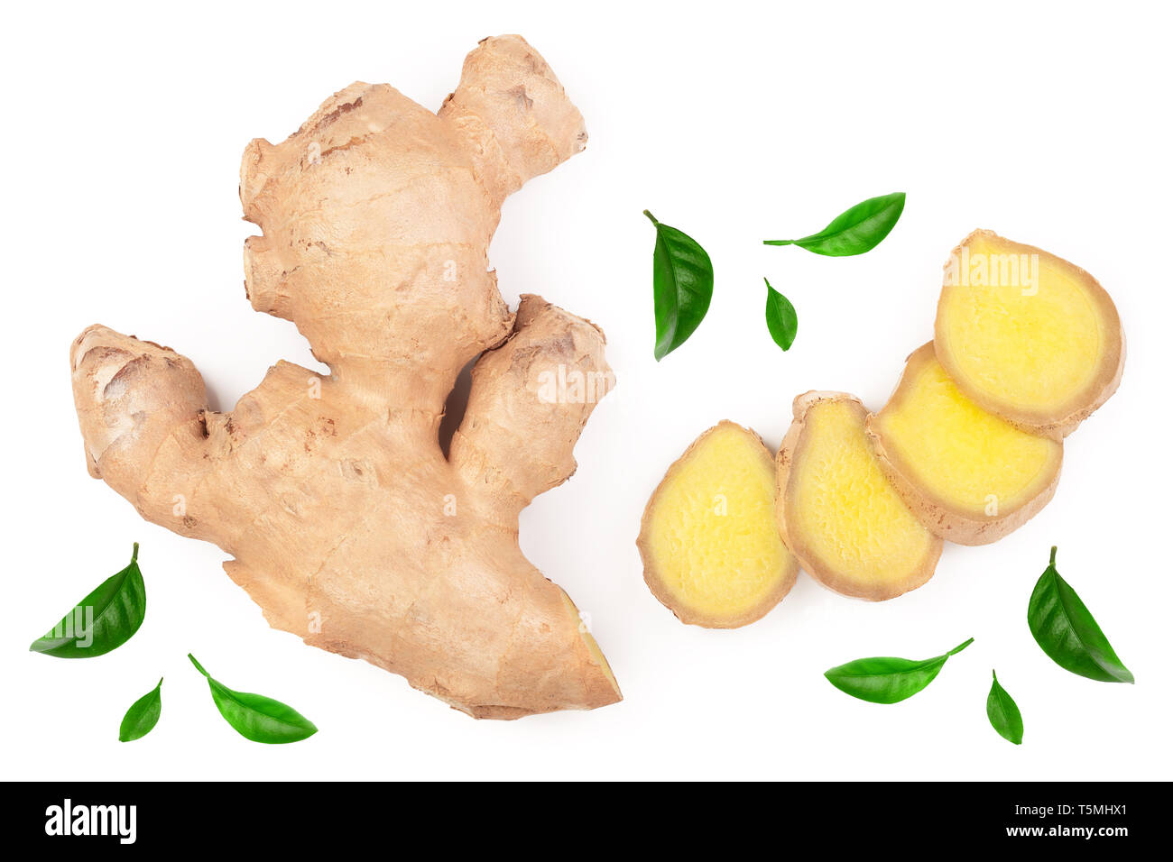 fresh Ginger root and slice isolated on white background. Top view ...