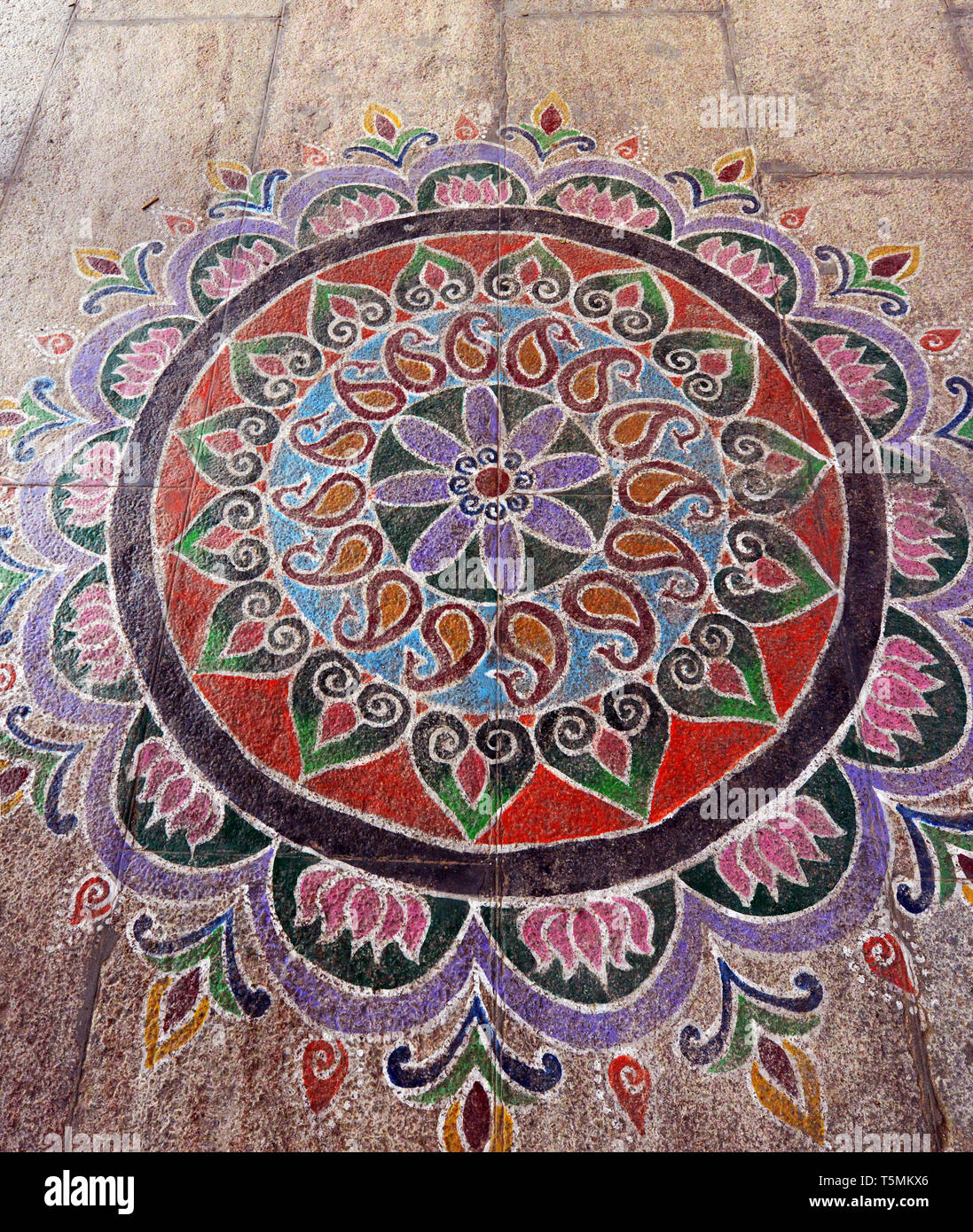 A colorful Kolam at thel Thillai Natarajah temple in Chidambaram, India ...