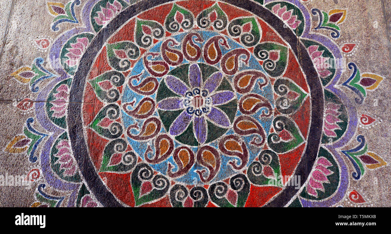 A colorful Kolam at thel Thillai Natarajah temple in Chidambaram, India ...