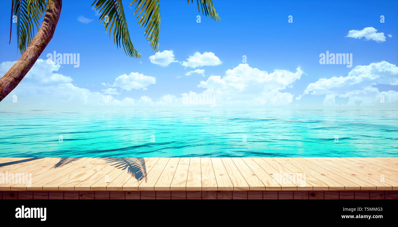 Colorful wooden platform background: seaside / beach. ( 3D rendering ...