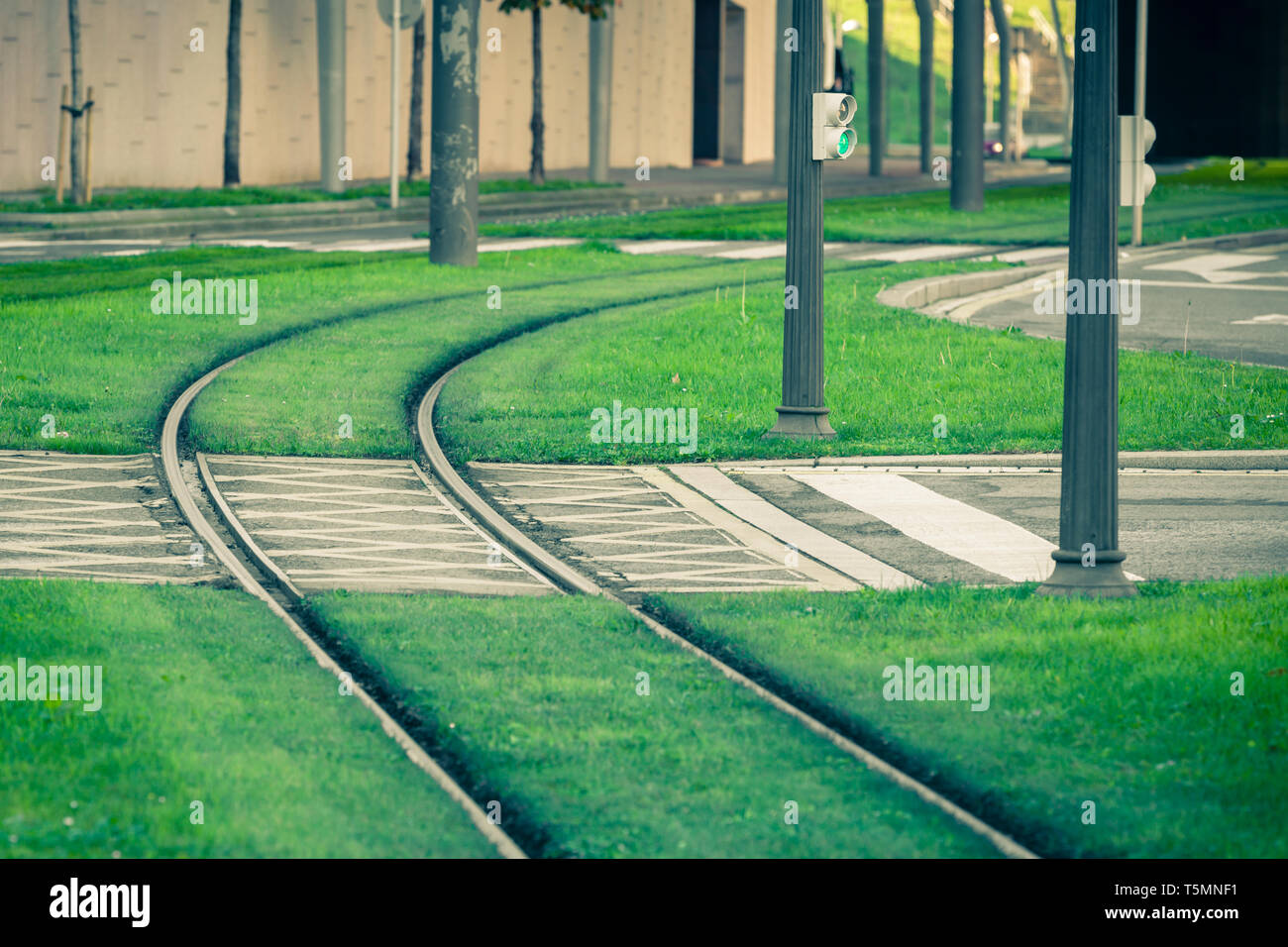 Tram rails covered with green grass lawn in Bilbao, Spain Stock Photo ...