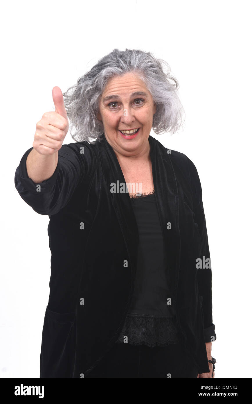 woman thumps up on white background Stock Photo - Alamy