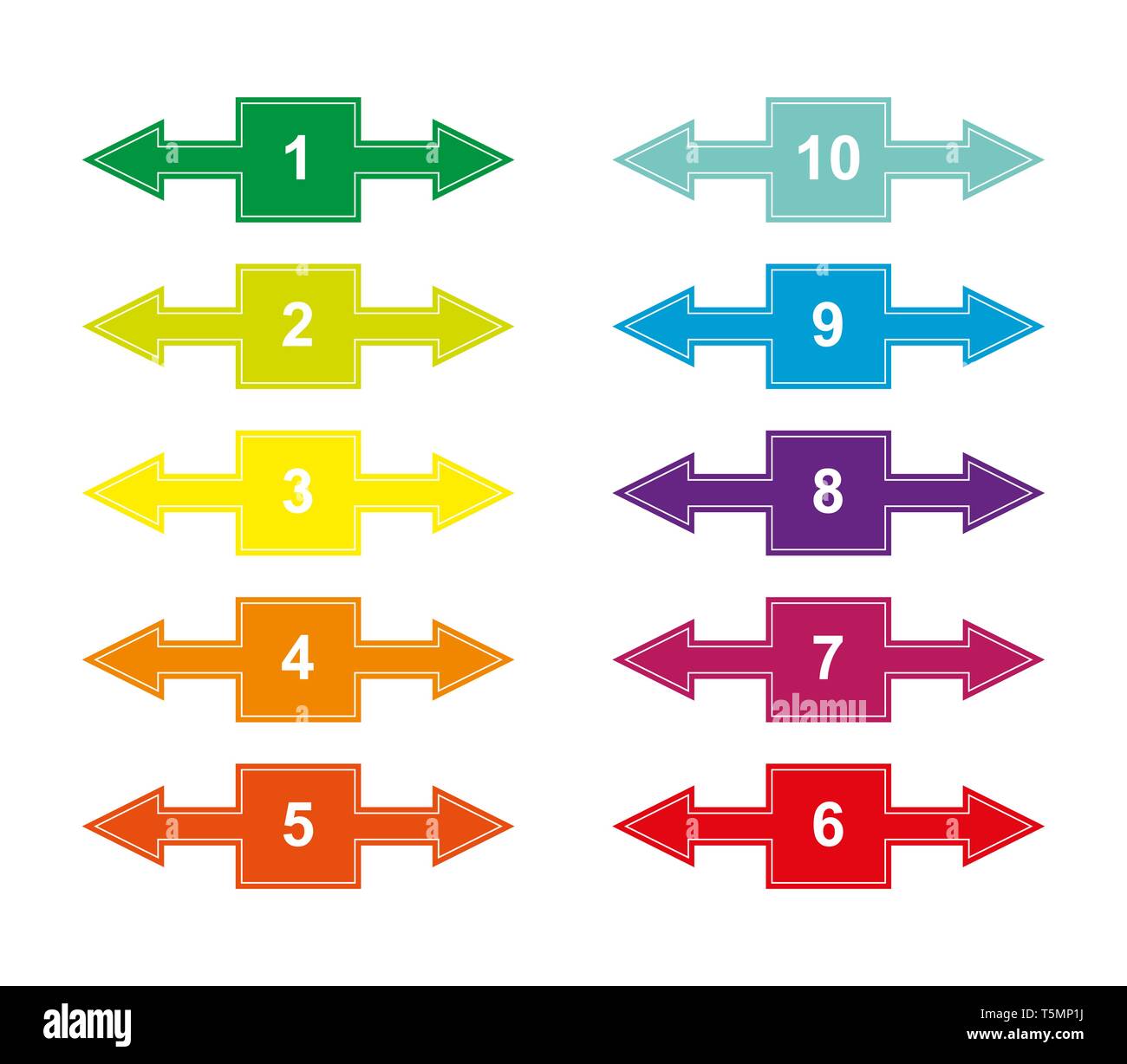 Set of color numbered squares with numbers from 1 to 10 with right and ...