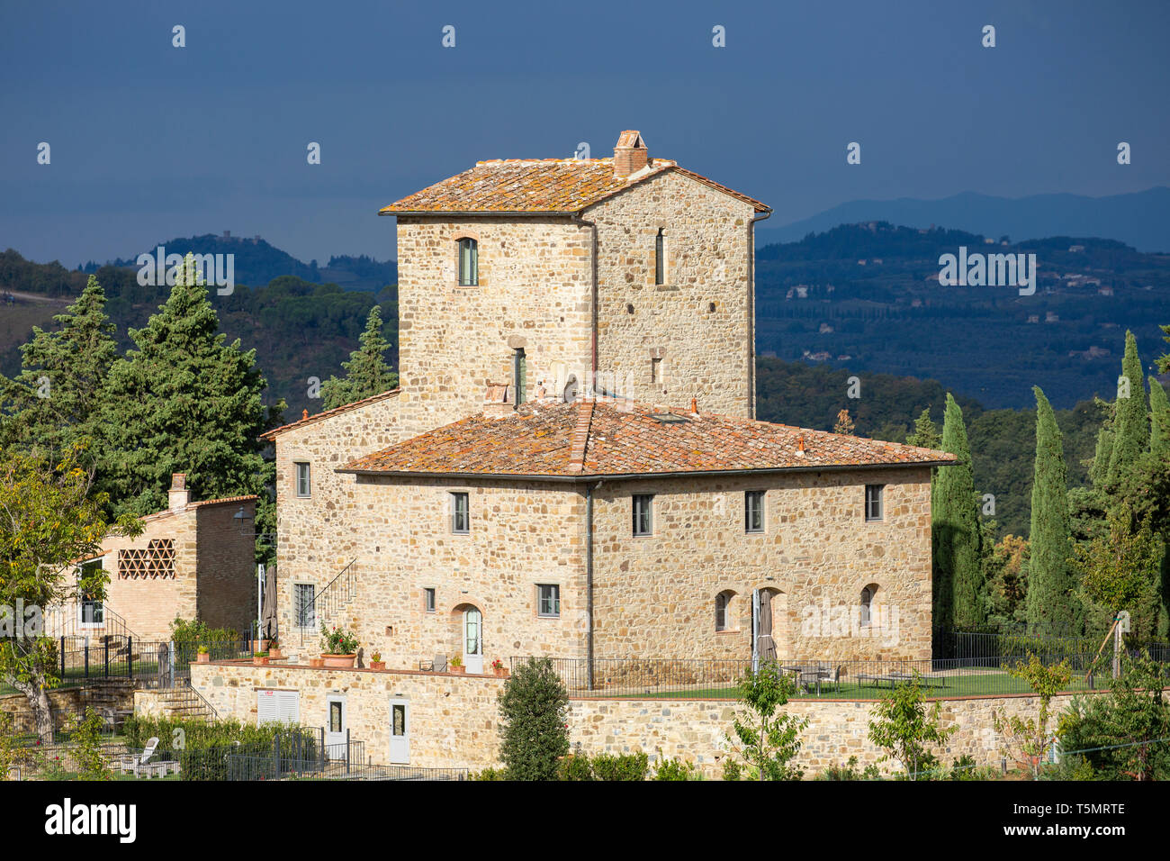 Traditional stone Tuscan farmhouse surrounded by countryside in Chianti ...