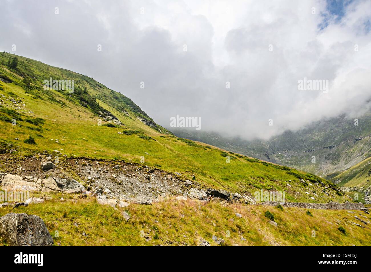 The Transfagarasan road in Fagaras mountains, Carpathians with green ...