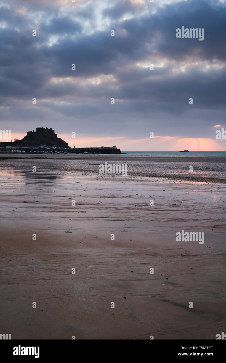 Mont Orgueil castle, also known as Gorey Castle, with the beach and ...