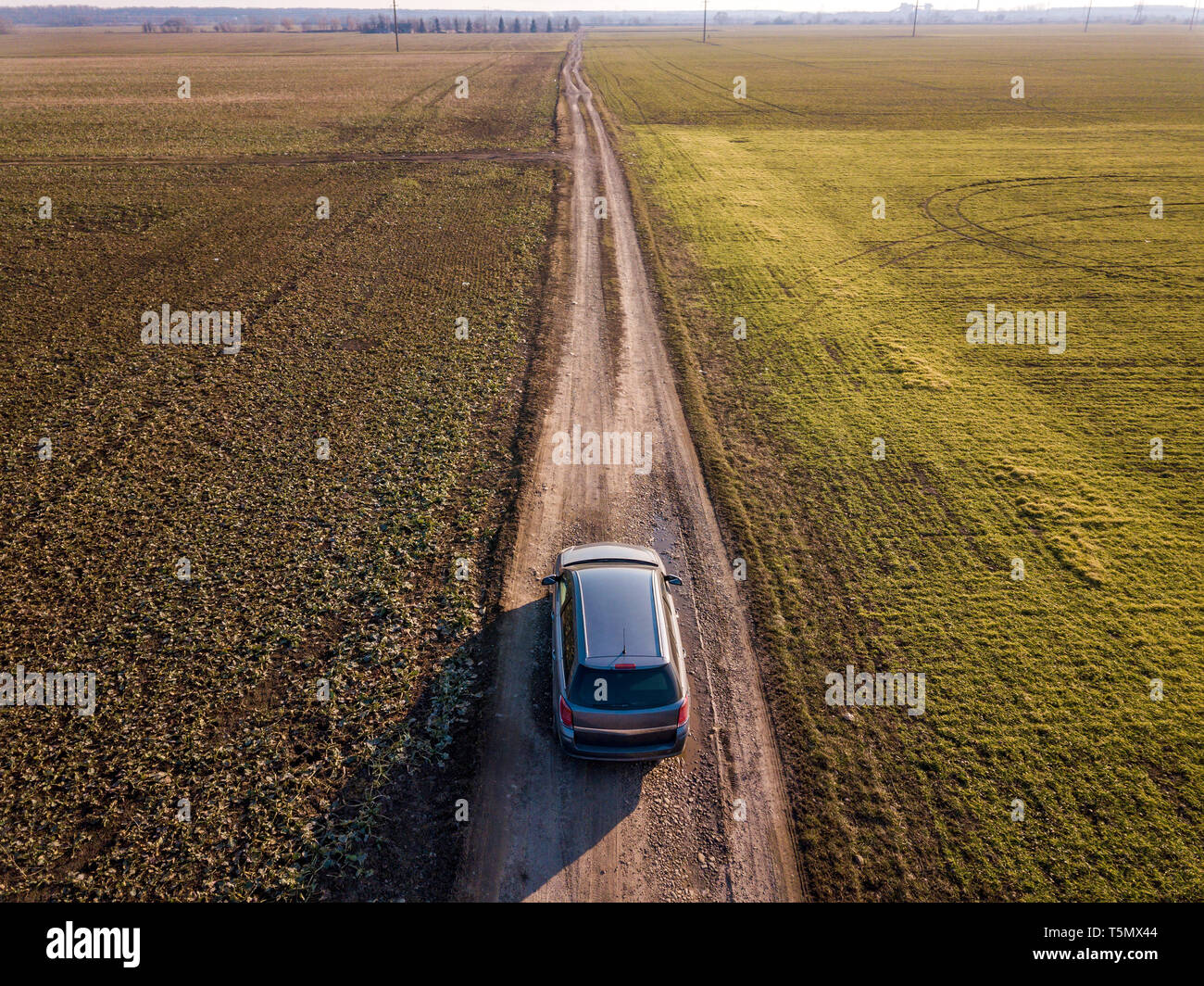 Aerial view of car driving by straight ground road through green fields ...