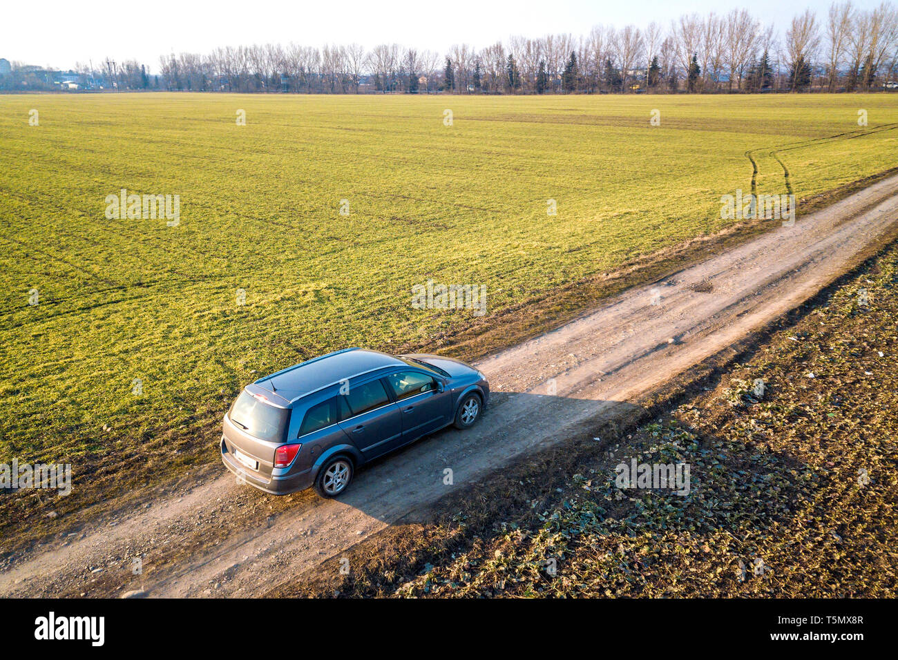 Aerial view of car driving by straight ground road through green fields ...